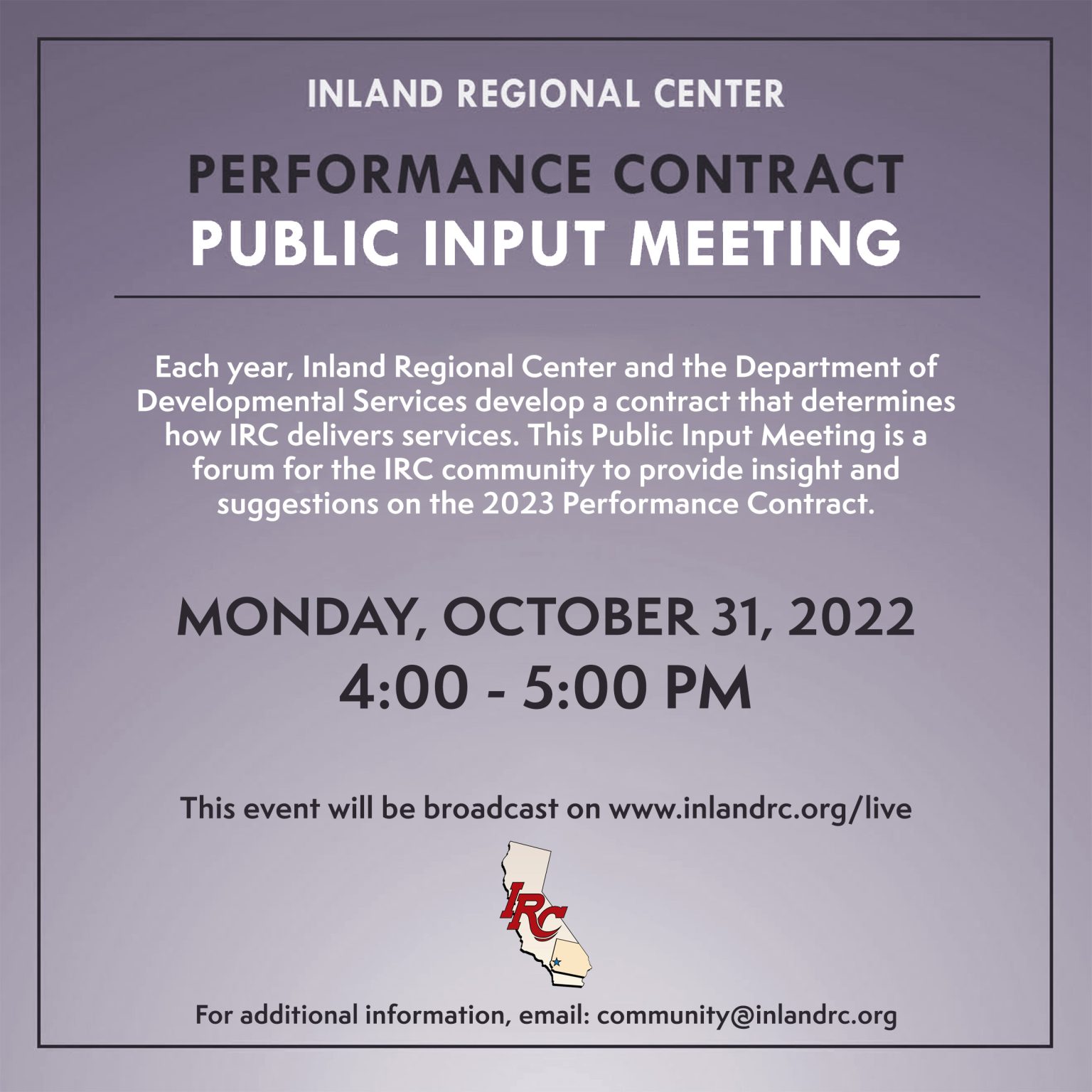 IRC Performance Contract Public Input Meeting 2023 | Inland Regional Center