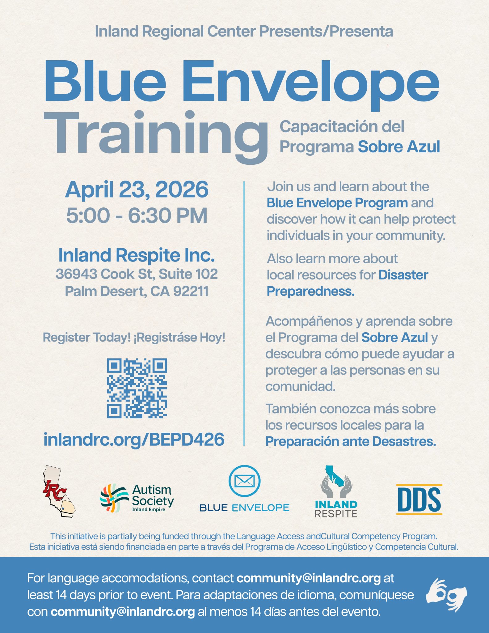 SOLD OUT – Blue Envelope Training – Palm Desert | Inland Regional Center